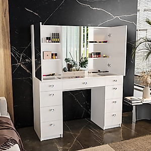 Boahaus Lily White Makeup Vanity Desk with Mirror Cabinets, Glass Top, 9 Drawers, and Crystal Ball Knobs - Modern Makeup Desk - Big Vanity - Large