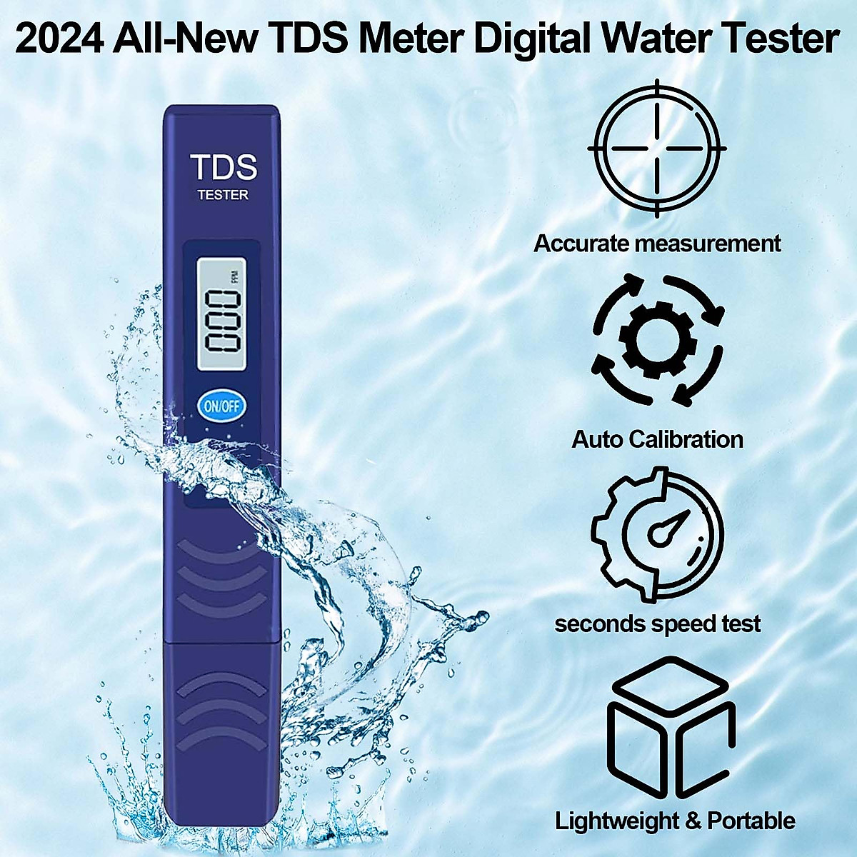 TDS Meter, Electronic Water Tester with 0-9990 PPM Measurement Range, Hand Held Digital Water Test Pen for Farming, Aquariums, Pools, Household Drinking Water (Blue)