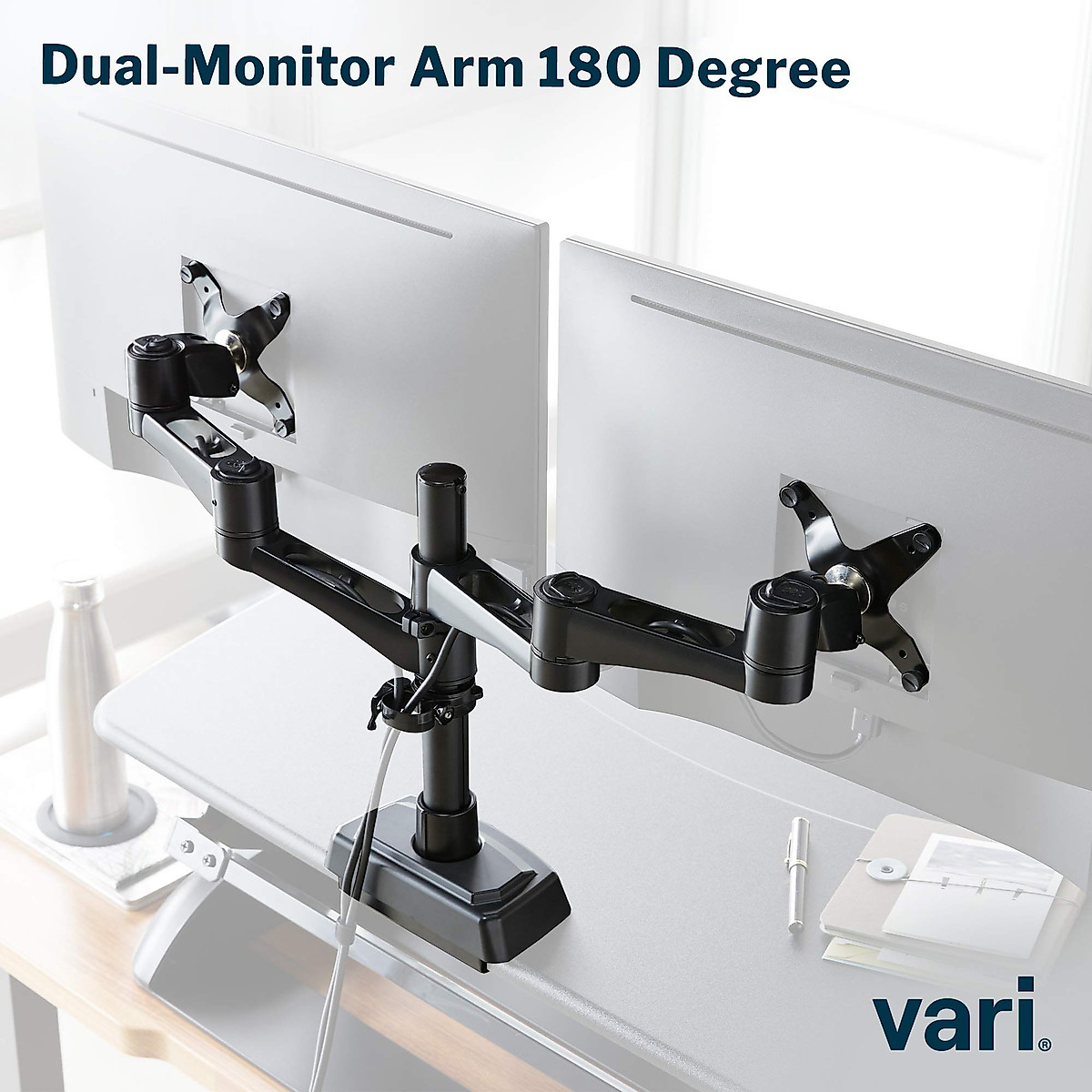 Vari Dual Monitor Arm 180 Degree - VESA Monitor Mount w/ 180 Degree Adjustment - Monitors up to 27 inches, 19.8 lbs - Double Monitor Arms for Compact Spaces - Computer Monitor Stand for Home or Office