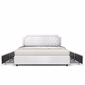 BONSOIR King Size Storage Bed Frame Upholstered Low Profile Traditional Platform with Tufted and Nail Headboard/4 Pull Out Drawers/White Faux Leather