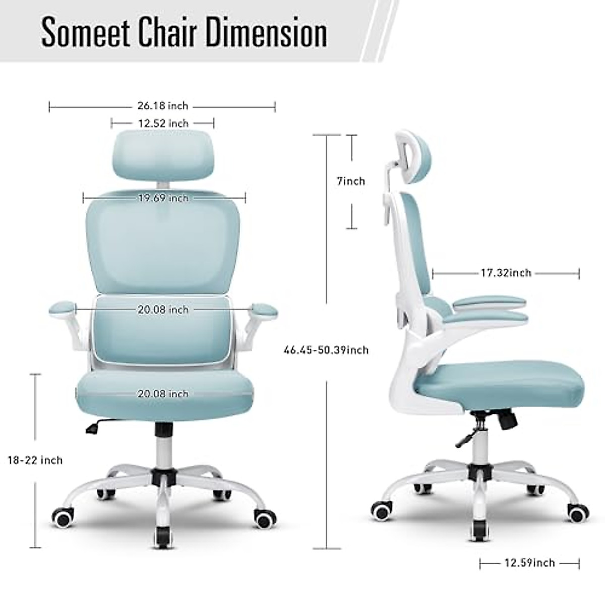 SOMEET Office Chair, Ergonomic Mesh Office Chair with Adjustable Headrest and Arms, High Back Ergonomic Desk Chair with Lumbar Support, Comfortable Home Office Desk Chairs with Tilt Lock (Blue)