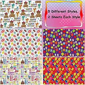 YZL Cartoon Gift Wrapping Paper Set Happy Birthday Gift Wrapping Papers, Cute Wrap Papers for Birthday, Baby Showers, 10 Folded Sheets with 5 Patterns, 20 x 29.5 inch Per Sheet