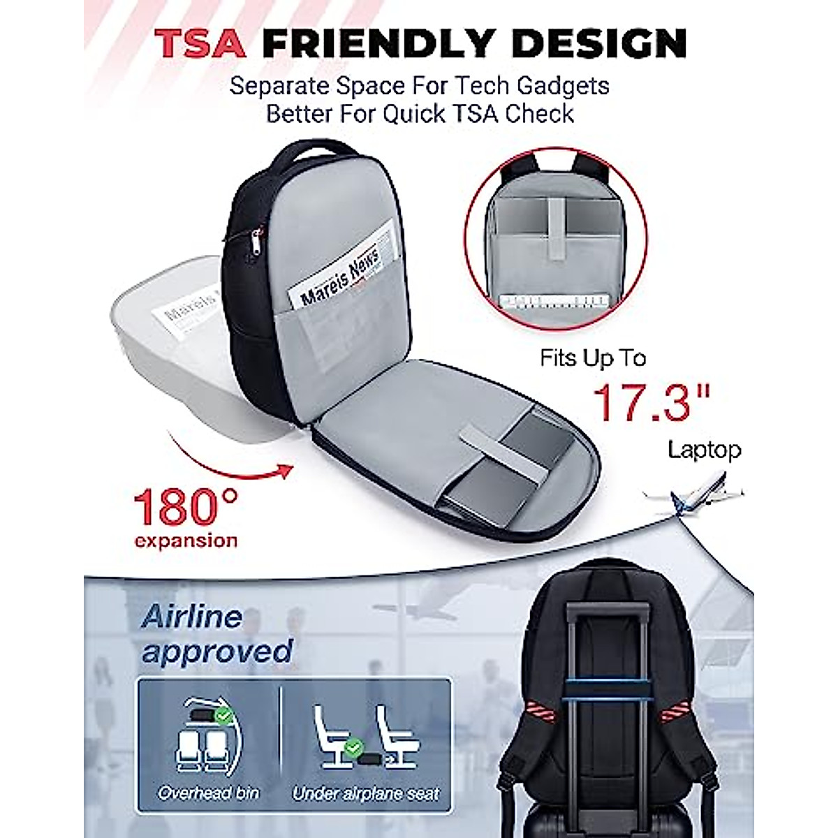 BAGSMART 45L Travel Laptop Backpack, TSA 17.3 Inch Laptop Backpack Flight Approved Black Travel Backpack with USB Charger Hole, Water Resistant College Computer Backpack Business Weekender Bag, Black