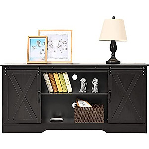 4 EVER WINNER Buffet Cabinet with Storage, 60” Kitchen Sideboard Cabinet with Sliding Barn Doors, Farmhouse Coffee Bar Cabinet Black Buffet Server Cabinet for Living Room Dinning Room, Espresso