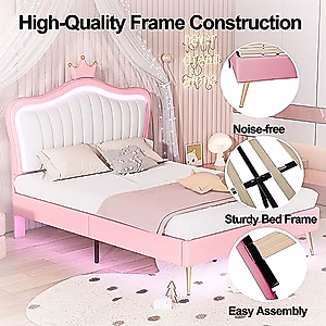 Upholstered Princess Bed Platform Bed, Full Size Fun Cute Bed Frame with Adjustable Crown Shaped Headboard and LED Lights, Kids Bedroom Furniture Princess Bed Upholstered Bed (White + Pink)