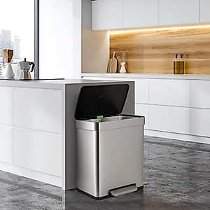 Arlopu 16 Gallon Stainless Steel Trash Can, 60L Kitchen Classified Recycle Garbage Can, Dual Compartment Dustbin with Removable Inner Buckets, Step-on, Soft-Close Lid, for Home Office, Silver