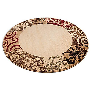 Well Woven Verdant Vines Beige Modern Damask Border Rug 8 (7'10" Round) Casual Oriental Easy Clean Stain Fade Resistant Shed Free Contemporary Floral Formal Gradient Soft Living Dining Room Rug