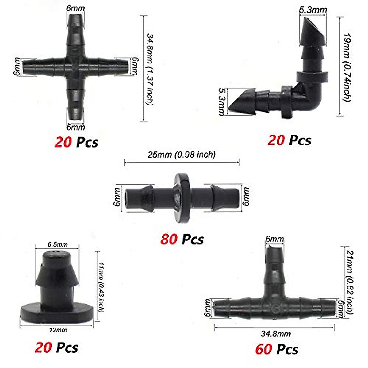 Kalolary 200PCS Irrigation Fittings Kit, Drip Irrigation Barbed Connectors for 1/4-Inch Vegetable Garden Lawn Water Hose Connectors(80 Straight Barbs+60 Tees+20 Elbows+20 End Plug+20 4-Way Coupling)