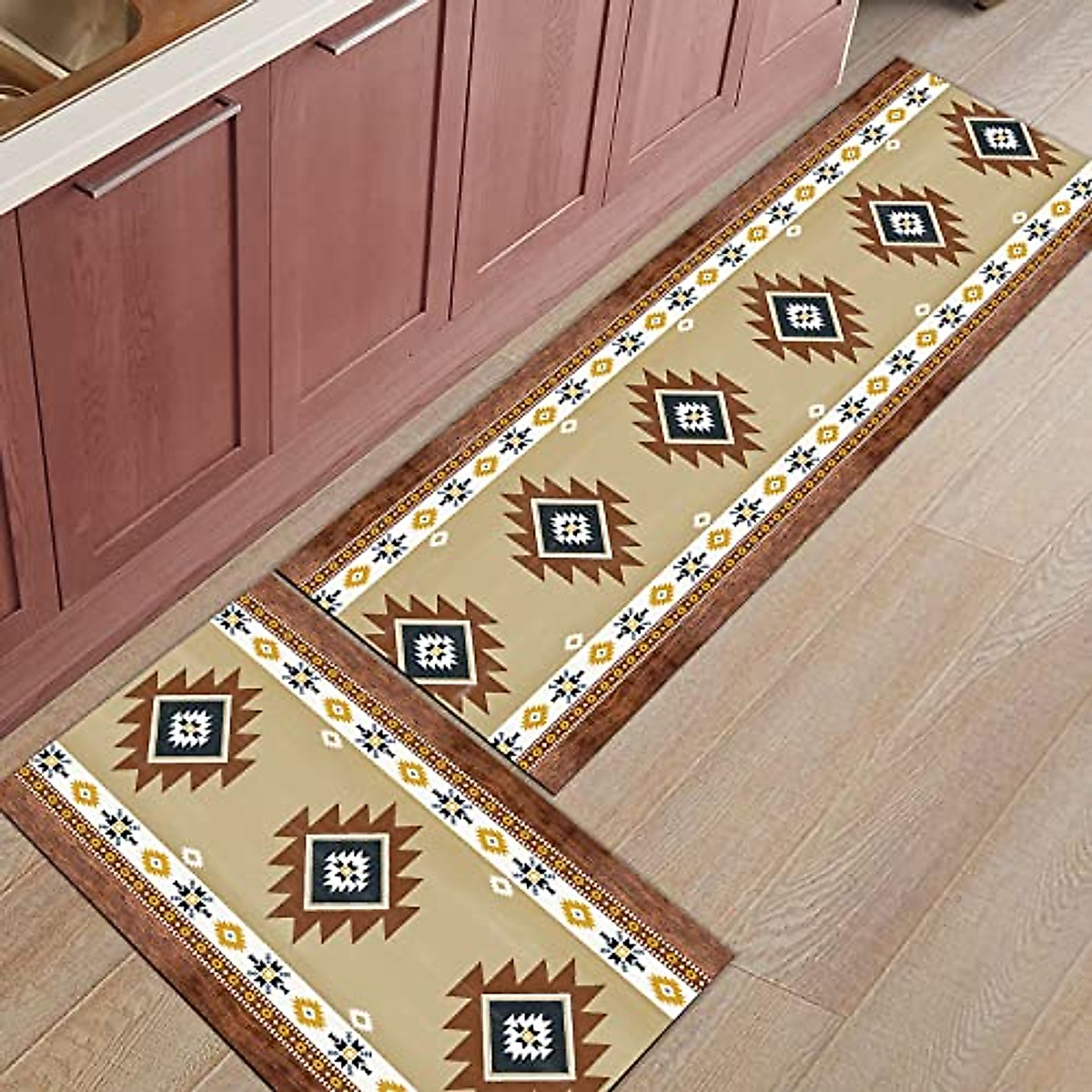 Kitchen Mat 2PCS, Bohemia Geometric Southwest Native Kitchen Rugs for Kitchen Organization, Home Decor Anti-Fatigue Kitchen Floor Mats Non-Slip Kitchen Decor Runner Rug, Room Decor Standing Desk Mats