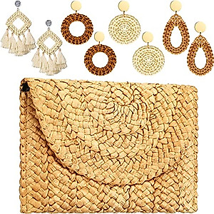 Saintrygo Women's Straw Clutch Purse and 4 Pairs Rattan Earrings Summer Beach Clutch Purse Handbag Straw Envelope Bag Wallet Woven Bag Geometric Tassel Woven Bohemian Earrings