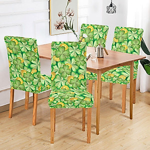 JUNZAN Luck Clover Gold Coin St. Patrick's Day Green Table and Chair Covers 2Pcs Table and Chair Cover Set Stretchable Banquet Chair Covers for Dining Room Spandex Chair