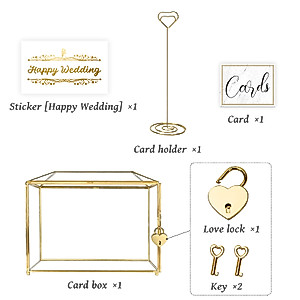 REDHUGO 10.2x5.9x7.9 in Medium Glass Card Box Handmade with Slot and Lock, Wedding Card Boxes for Reception, Graduation, Gift Cards, Party, Brass Geometric Terrarium, Golden Decorative Box