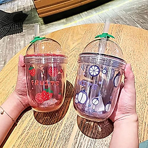 NCDUANSAN Kawaii Double Straw Cup Plastic Thickened Juice Cup Cute Girl Strawberry Watermelon Cup(Strawberry,400ml)