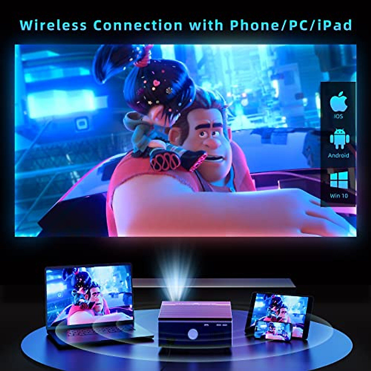Oddsea WiFi Projector, Portable Native 1080P Home Theater Projector, 210” Display Full HD Outdoor Movie Projector Compatible with HDMI/USB, PC/Laptop, TV Stick, iOS/Android Phone