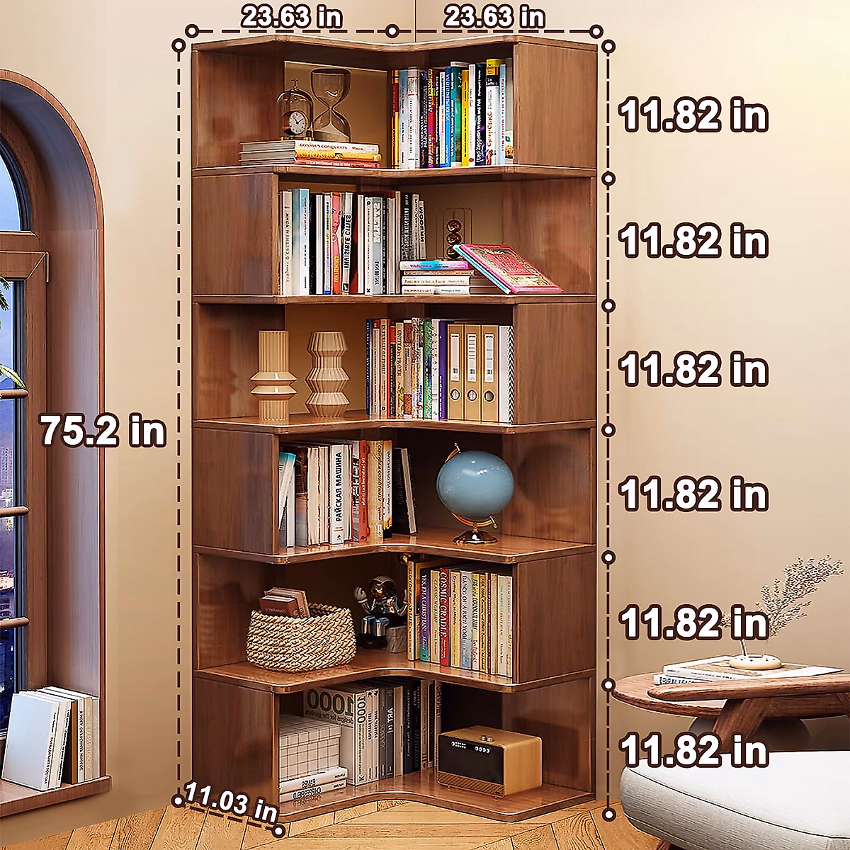 KINGBO 6-Tier Corner Bookshelf, 75" Tall Corner Bookcase Shelf, Solid Wood Bookshelf Organizer, Open Bookcase, Large Corner Display Shelf Rack for Living Room, Bedroom and Home Office, Walnut