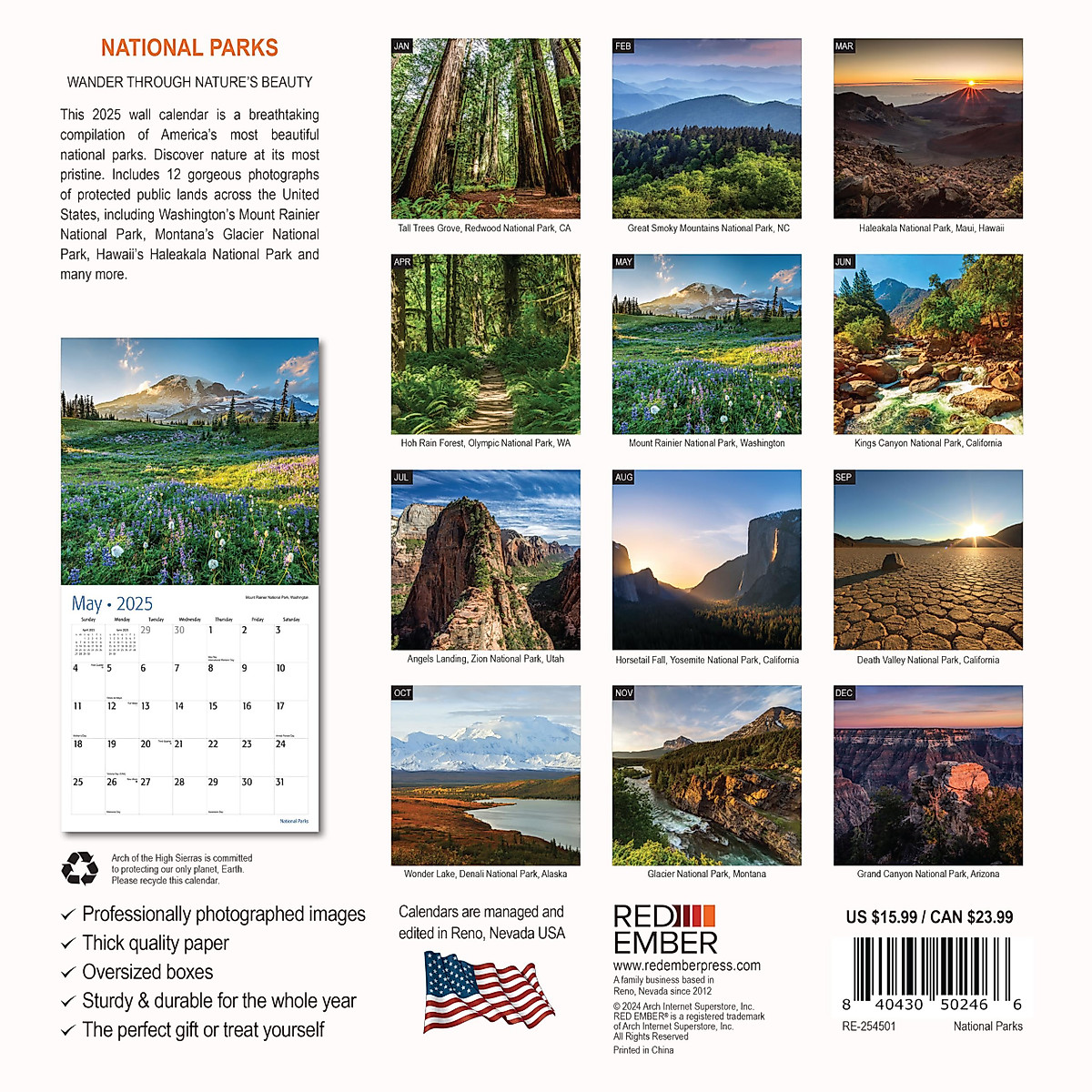 RED EMBER Untamed & Beautiful National Parks 2023 Hangable Monthly Wall Calendar | 12" x 24" Open | Thick & Sturdy Paper | Giftable | Wander Through Nature's Beauty