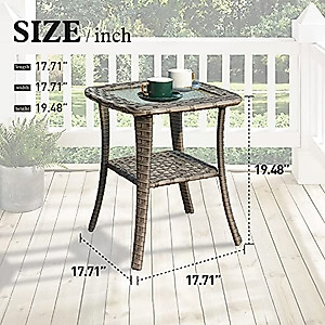 ovios Outdoor Side Table Patio Coffee Table Wicker Rattan Table Garden Tea Table Patio Table with Glass Top for Backyard Deck Balcony, Grey Wicker