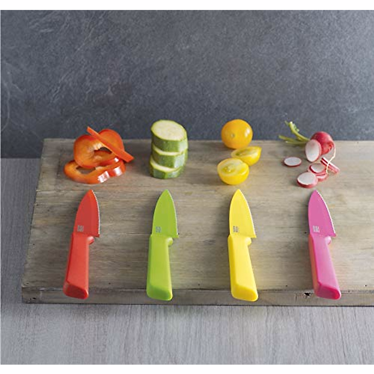 Kuhn Rikon COLORI+ Non-Stick Straight and Serrated Paring Knives with Safety Sheaths, Set of 2, Orange and Green