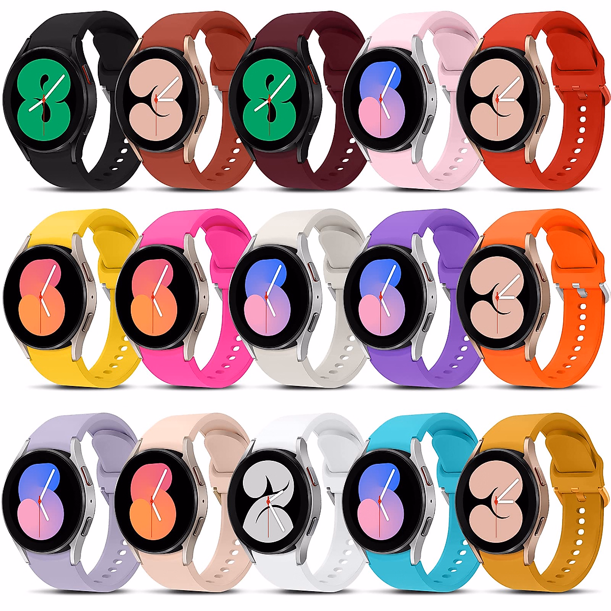 15Pack Galaxy Watch 7/6/5/4/FE Band 44mm 40mm,for Samsung Galaxy Watch 6/4 Classic Band 47mm 43mm 46mm 42mm Women Men,Silicone Sport Strap Galaxy Watch 5 pro 45mm,No Gap Bracelet Replacement Wristband