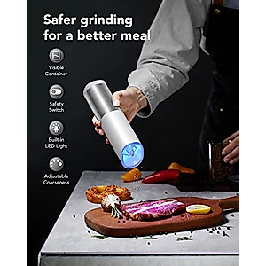 FORLIM Gravity Electric Salt and Pepper Grinder Set Battery Operated, Adjustable Coarseness, Blue LED Light, One Hand Automatic Operation, Stainless Steel Classic Black & White, 2 Mills