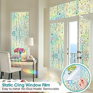 Windimiley Window Privacy Film 3D Rainbow Static Clings Bathroom Stained Glass Decorative Window Sticker Prism Holographic Window Decals Sun Blocking Non-Adhesive Door Covering,17.5x118.1In, Pure