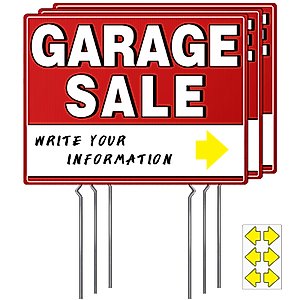 Garage Sale Sign, 17" x 13" ，Garage Sale Sign with Stakes Double-Sided, Garage Sale Sign with Arrow Stickers, Garage Sale Signs with Metal Stakes,WEATHER-PROOF, (3 Pack)