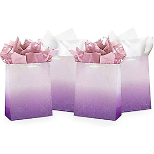 UNIQOOO 12Pcs Ombre Purple Gift Bags Bulk w/ 24 Tissue Paper, 9 x 7 x 4 In, Gradient Pastel Glitter Paper Gift Wrap Bag, Recyclable Gift Packaging for Wedding Birthday Mother's Day Baby Shower Party Favor Décor