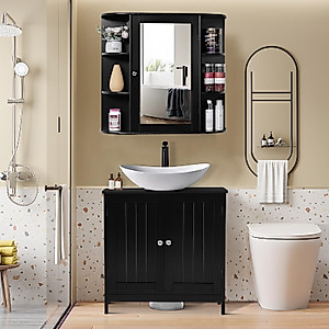 Iwell Bathroom Medicine Cabinet with Mirror, Bathroom Wall Cabinet with 2 Adjustable Shelves & 6 Open Shelves, Bathroom Cabinet Wall Mounted, Over The Toilet Space Saver Storage Cabinet, Black