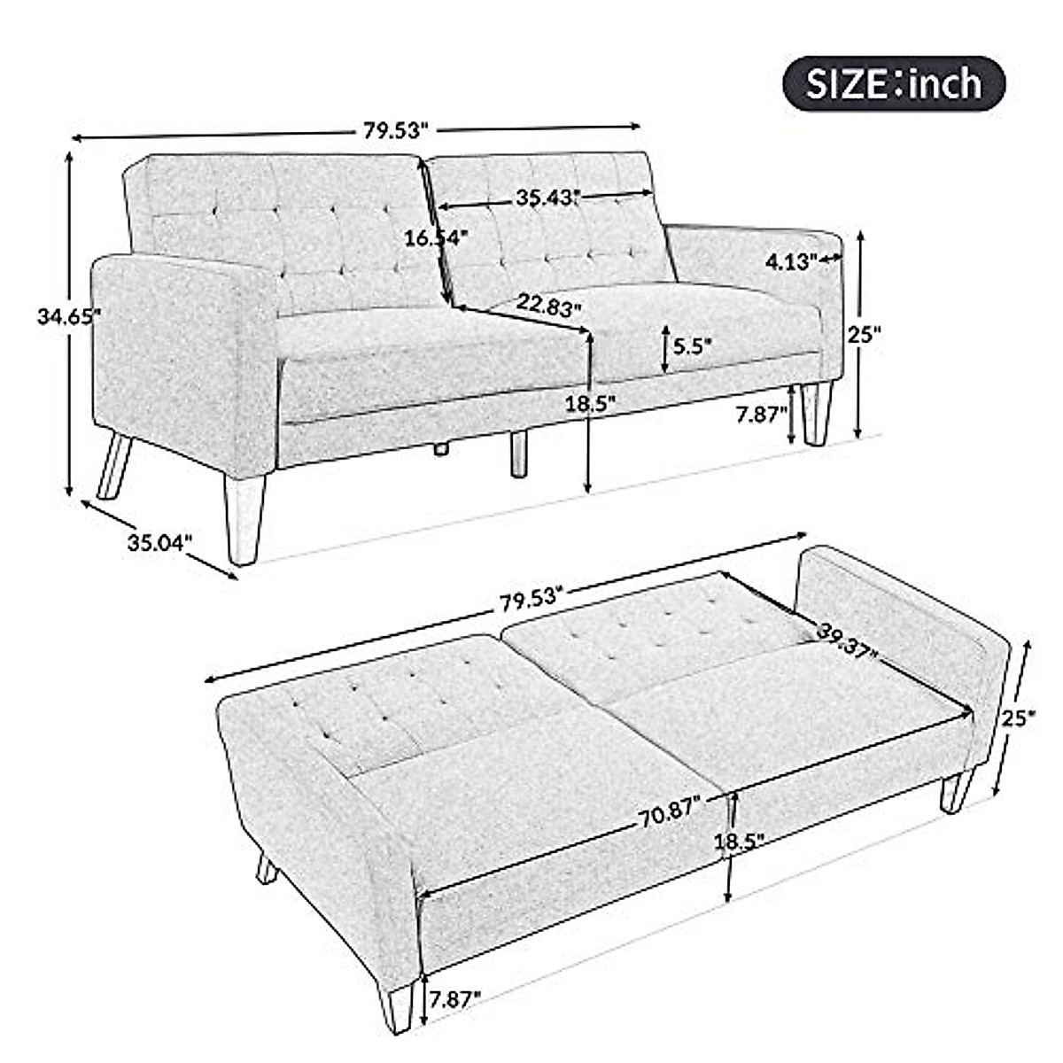LTT Futon Sofa Bed, Loveseat Sofa Bed, Velvet Upholstered Modern Convertible Folding Futon Lounge Couch for Living Space, Apartment, and Dorm