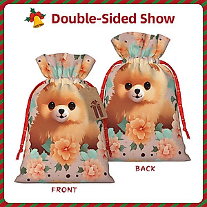 BTCOWZRV Pomeranians Cartoon Flowers Christmas Gift Bag with Drawstring Christmas Wrapping Bags Xmas Gift Bags Sack Bags Xmas Package Storage Bag Wrapping Sacks Pouches Xmas Party Holiday Gift Bags