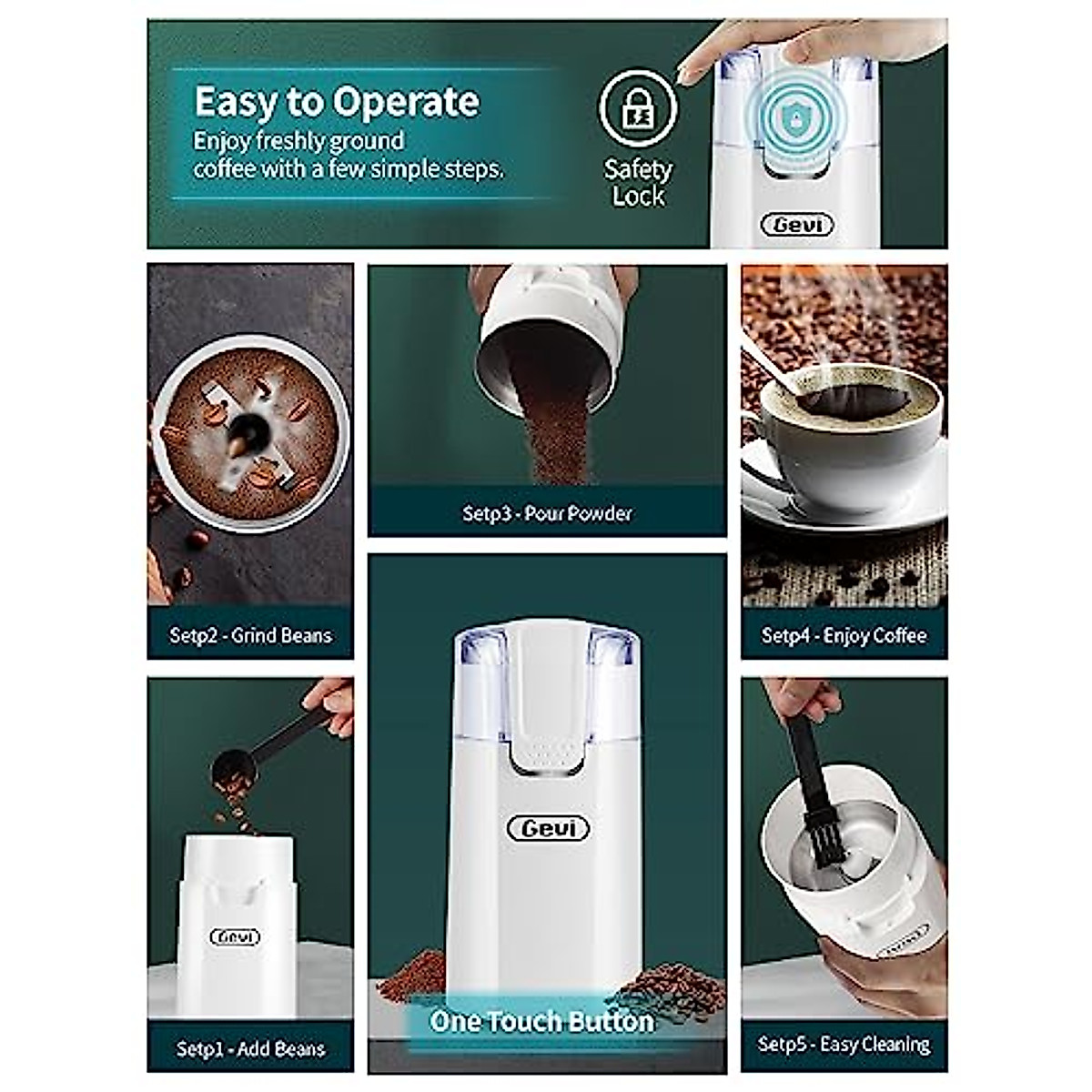 Electric Coffee Grinder Stainless Steel Blade Grinder for Coffee Espresso Latte Mochas, Noiseless Operation.GECGI140-U-1