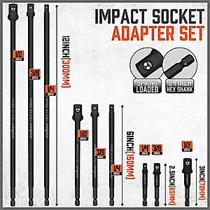 HORUSDY 9-Piece Impact Grade Power Drill Sockets Adapter Sets, 3-Inch 6-Inch and 12-Inch Hex Shank Impact Driver Socket Adapter, Socket to Drill Adapter 1/4" 3/8" 1/2" Impact Driver Adapter