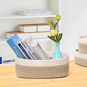 HLWDFLZ 7 Piece Cotton Rope Woven Basket Set - Woven Storage Basket Pets Toy Cotton Rope Basket for Organizing, Small Basket for Montessori, Dog Cat Toy Box, Baby Nursery (Off White/Brown)