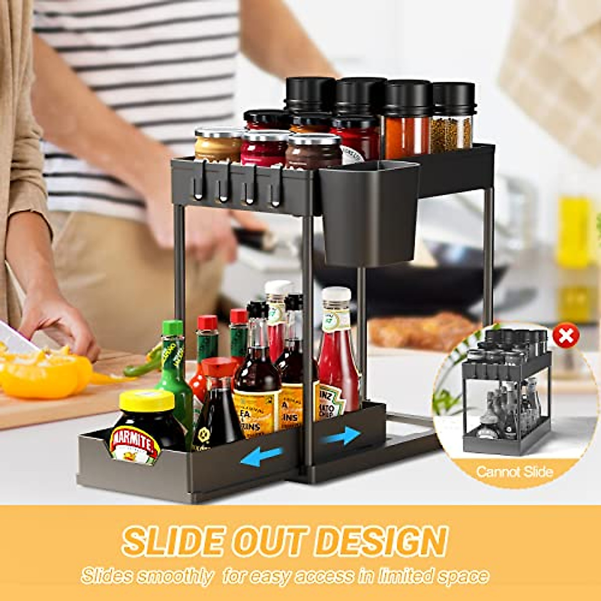 2PCS Under Sink Organizers and Storage, 2 Tier Under Sink Organizer with Sliding Drawers & Hooks & Hanging Cup, Multi-purpose Bathroom Storage Cabinet Organizer Shelf for Pantry, Bathroom, Kitchen