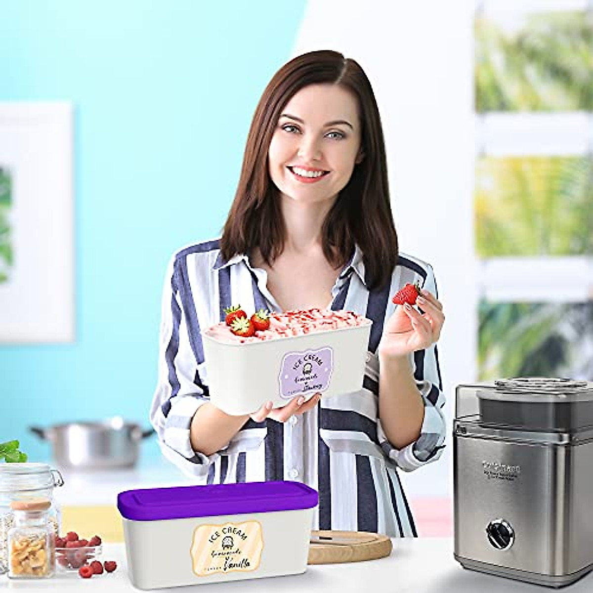 Set of 2 Reusable Ice Cream Tub Containers For Homemade Ice Cream 1.6 Quart Ea. - Perfect for Sorbet, Frozen Yogurt Or Gelato - Stackable Storage Containers, Stickers And Lids Stores Easily In Freezer