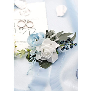 Ansofi Set of 6 Dusty Blue Wrist Corsages for Wedding, Corsage Wristlet Bracelet Hand Flower for Boho French Rustic Wedding Ceremony, Anniversary Prom Homecoming Formal Dinner Party