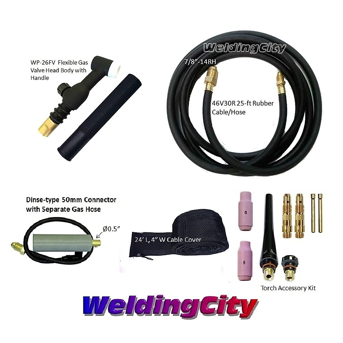 WeldingCity 200-amp WP-26FV (Flexible Head w/Gas Valve) Air-cooled TIG Welding Torch Complete Package with 25-ft Power Cable Hose and Dinse 35-50 (Solid 1/2"-pin) Cable Adapter (with Separate Gas)