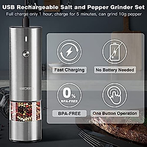 Rechargeable Electric Salt and Pepper Grinder Set - Stainless Steel, with USB Type-C Cable, LED Lights, Automatic Modern Electric Pepper Mill, 2 Adjustable Coarseness Mills, One Hand Operation