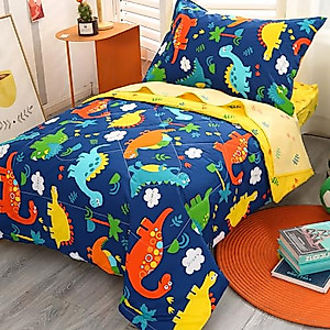 Wowelife Dinosaur Toddler Bedding Sets for Boys Blue Premium 4 Piece Dinosaur Toddler Comforter Set Bed-in-a-Bag, Super Soft and Comfortable with Comforter, Flat Sheet, Fitted Sheet and Pillowcase