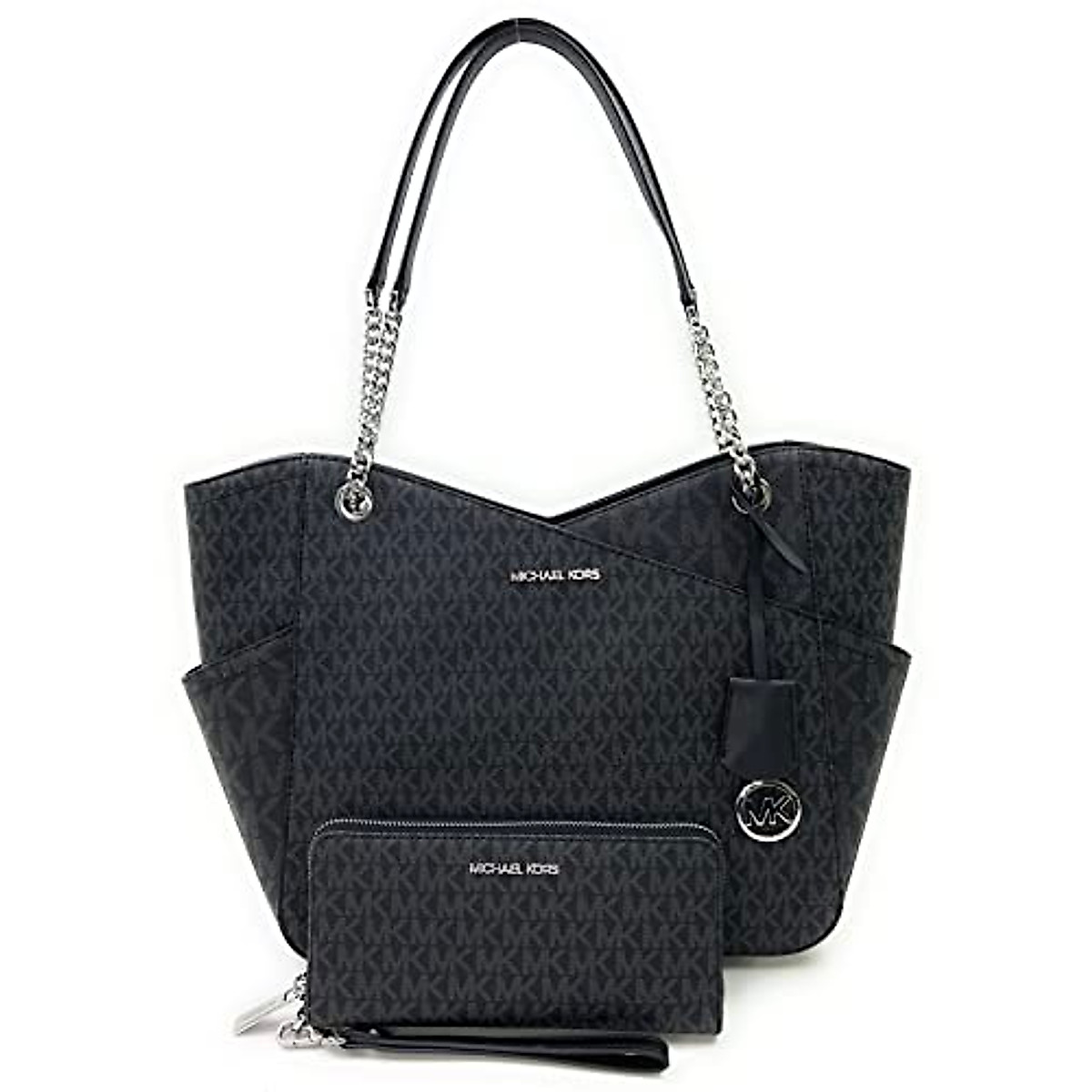 Michael Kors JST Large Chain Shoulder Tote JST Continental Wristlet (Black Signature)