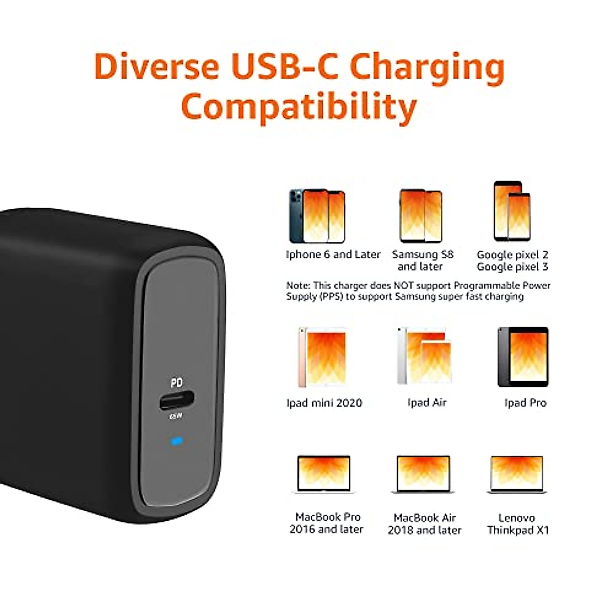 Amazon Basics 65W One-Port GaN USB-C Wall Charger with Power Delivery PD for Laptops, Tablets and Phones (iPhone 14/13/12/11/X, iPad, MacPro, Samsung, and more)-Black (non-PPS)