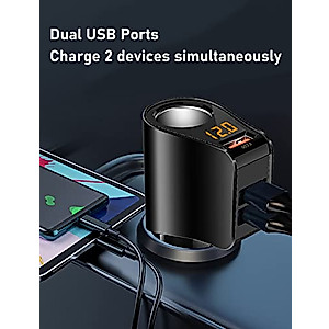 LIHAN Car Charger Extension Cigarette Lighter Adapter,Socket Splitter 3 USB Ports and Voltage Meter,fit for 12V/24V Automobile Outlet,Compatible with iPhone 14,13,12,iPad,Samsung(BlackQC3.0)