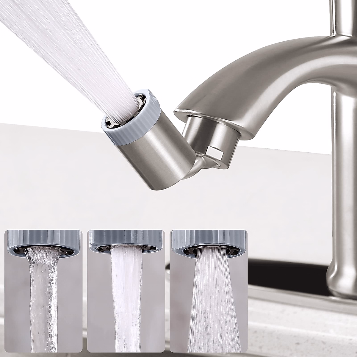 720° Faucet Aerator, 3-function Bathroom Faucet Aerator, Swivel Sink Aerator Head, Kitchen Sink Faucet Head,Faucet Sprayer Attachment 55/64-27UNS Female Thread, Faucet Nozzle Brushed Nickel