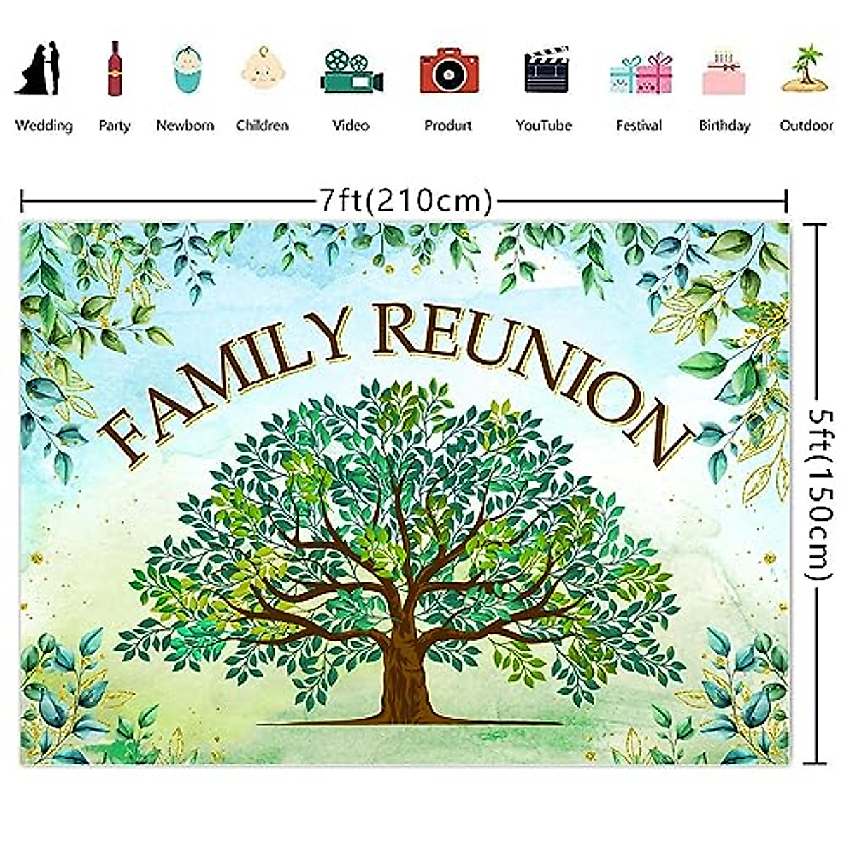 Wollmix Family Reunion Decorations Backdrop Banner Family Tree Leaves Members Welcome Signs Photography Background Gathering Gold and Green Supplies Photo Booth Banner Props 7x5ft