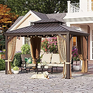 PHI VILLA 10' X 12' Outdoor Hardtop Gazebo on Clearance, Double Roof Gazebo with Curtains and Netting, Permanent Pavilion Gazebo with Aluminum Frame for Patios, Gardens, Lawns(Brown)