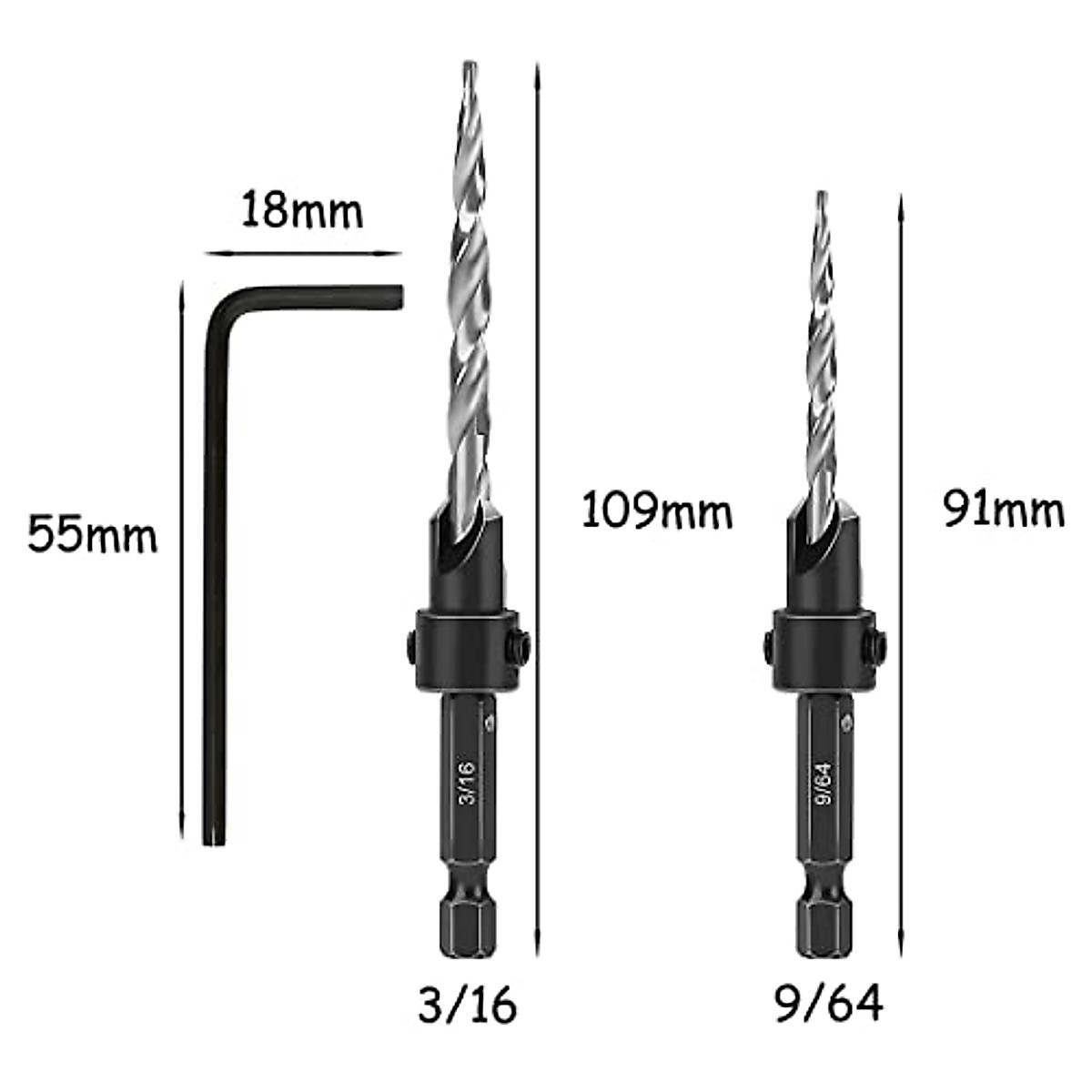SeonFook 5PCS Countersink Drill Bit Set 1/4" Hex Shank Quick Change Screw Drill Counter Sink Bit 7/64", 9/64", 11/64", 3/16", 7/32" for Woodworking