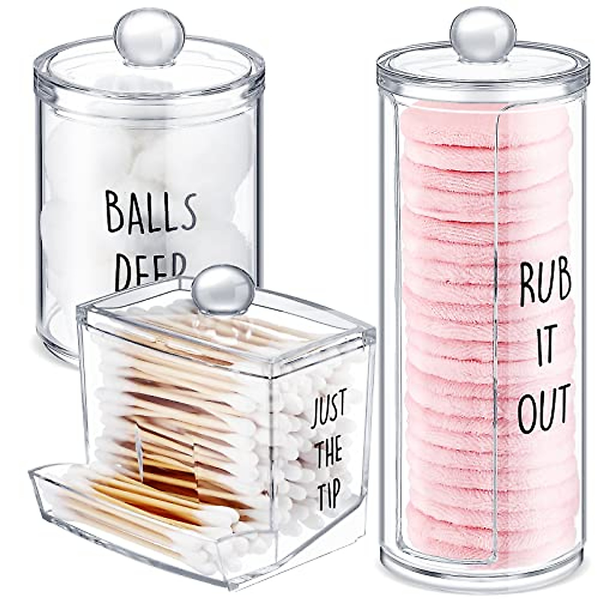 Gerrii 3 Pack Cotton Swab Dispenser, 10oz Cotton Ball Holder Canister Storage Container Bathroom Apothecary Jars with Lids for Rounds Cotton Ball Pad, Makeup Sponges, Hair Accessories