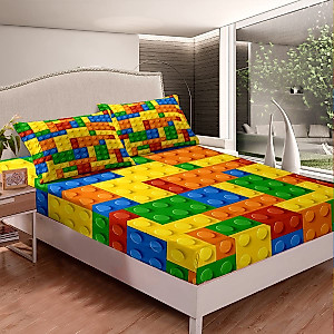 Kids Games Bed Sheet Set Full Size Color Building Blocks Sheet Set Toy Brick Sheets for Boys Girls Bedroom Nursery Bedding Set with Flat Sheet Fitted Sheet Pillowcase 4Pcs