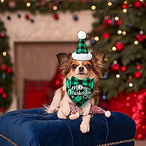 DULEFUN 3pcs Christmas Dog Costumes Outfit, Classic Buffalo Plaid Christmas Dog Clothes Xmas Dog Bandana Hat Bowtie Scarf Kerchief Triangle Bib Accessories for Small Medium Dogs Pets