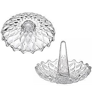 MyGift Clear Glass Ring Cone with Tray, Engagement Wedding Ring Holder with Round Starburst Design, Small Jewelry Ring Dish, Set of 2